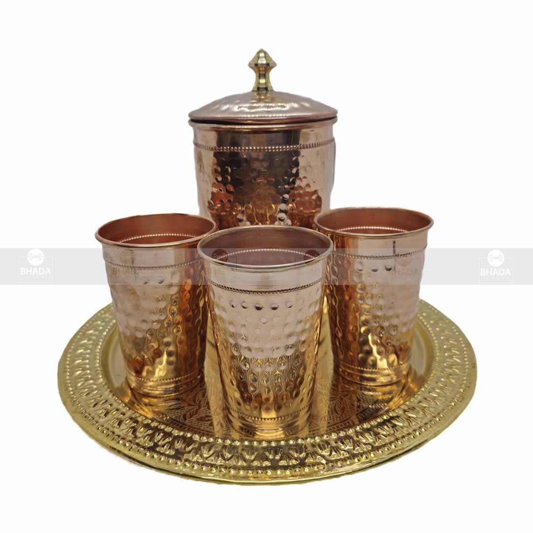Normal Hammered Copper Jug 2litre and Three Glasses with Brass Round ...