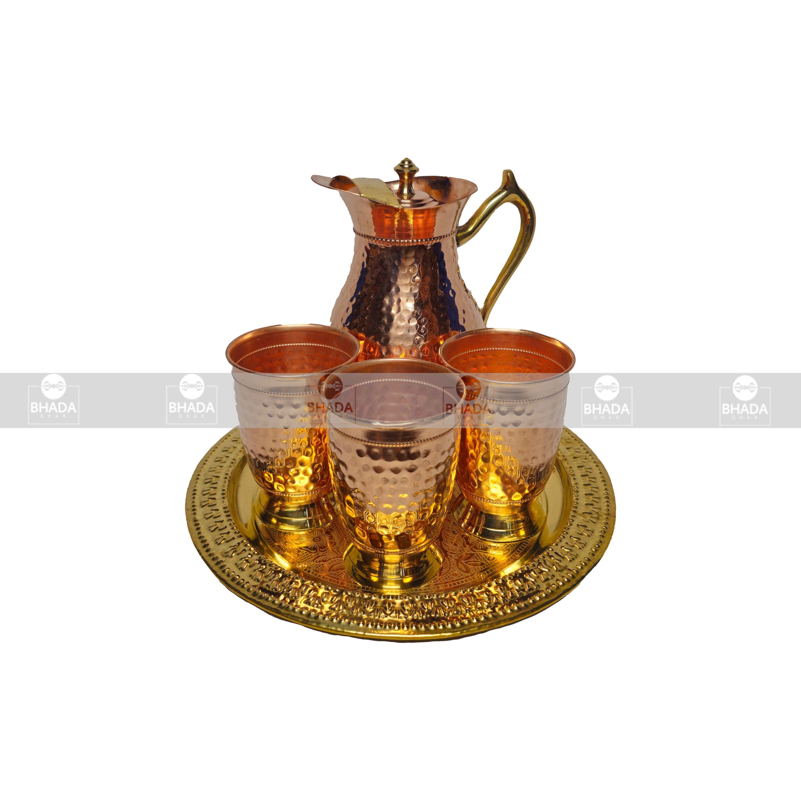 Mughlai Copper Jug 1.5litre and Three Glasses with Brass Round Tray ...