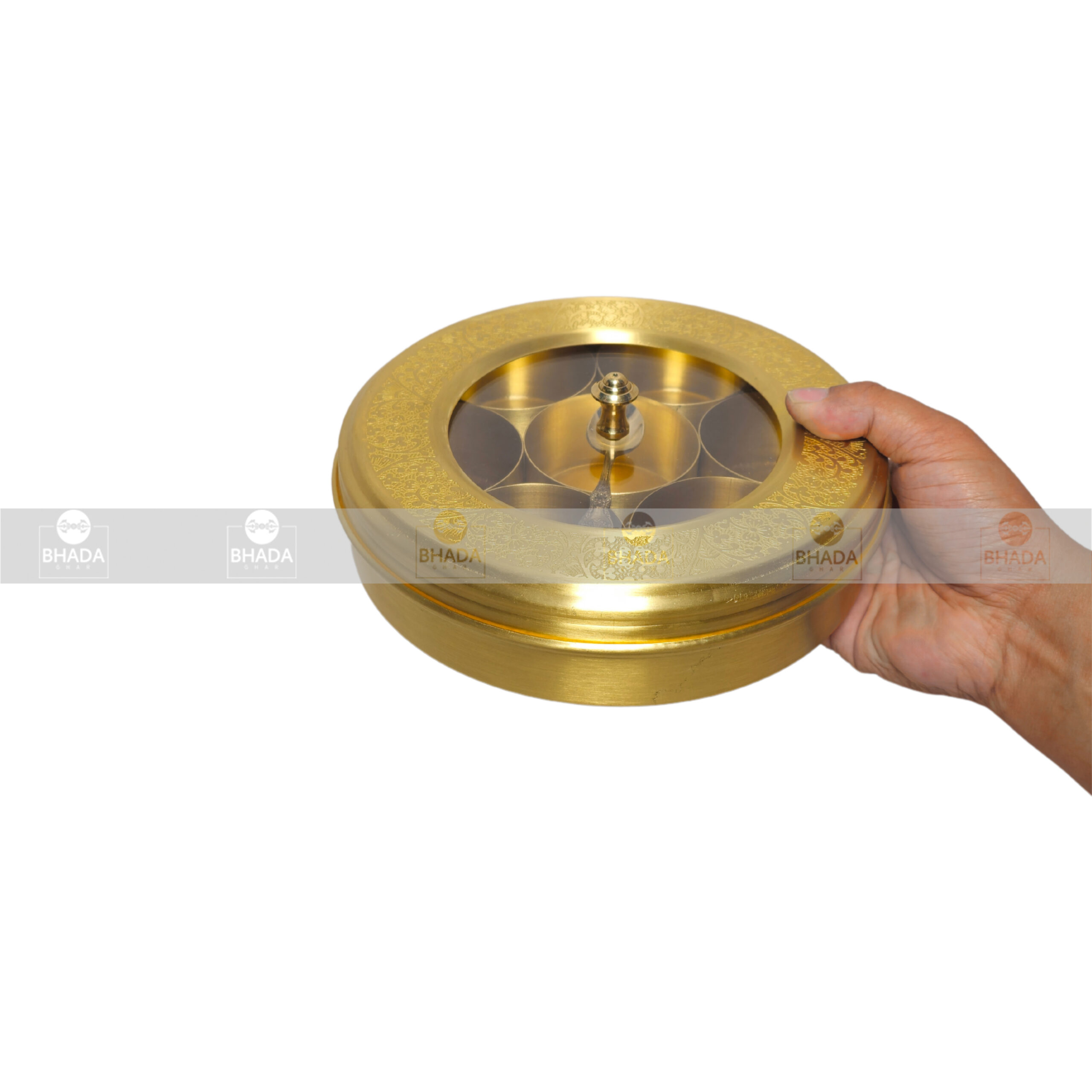 Brass Masala Box with Fiber Glass 8inch - BhadaGhar